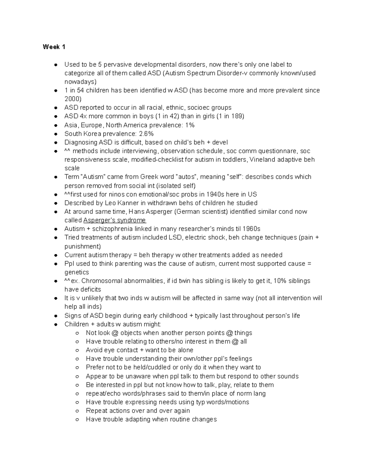 Autism Spectrum Disorders Notes - Week 1 Used to be 5 pervasive ...