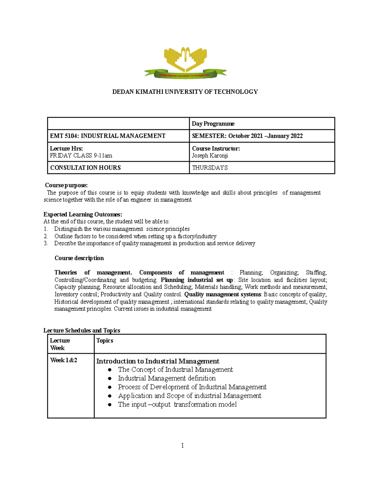 Industrial Management EMT 5104 Course Outline updated - DEDAN KIMATHI ...