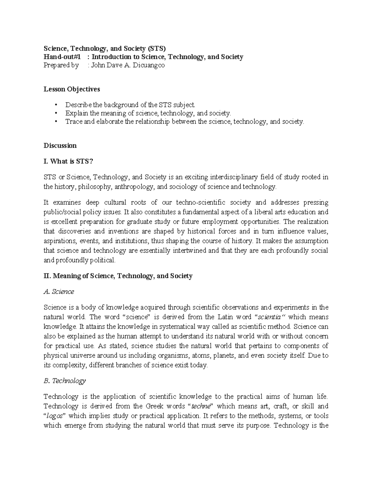 Introduction to Science, Technology, and Society - DHVSU - Studocu