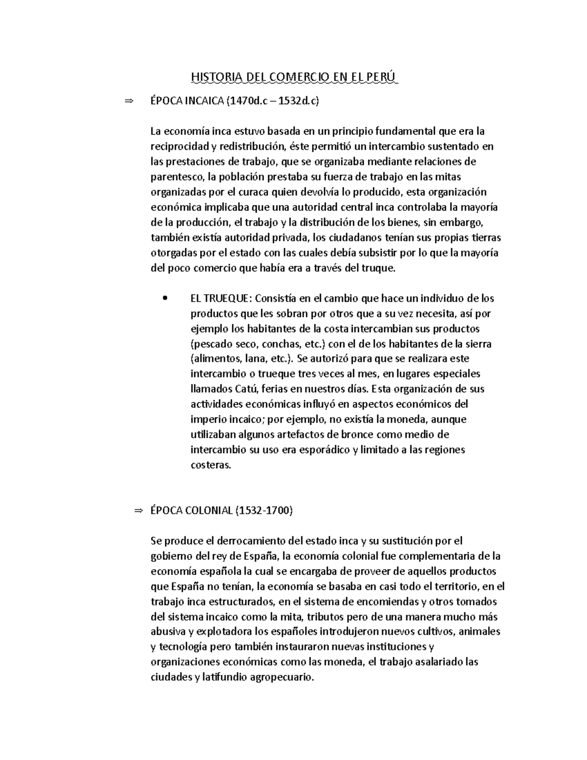 Resumen Historia DEL Comercio EN EL PERÚ - HISTORIA DEL COMERCIO EN EL ...