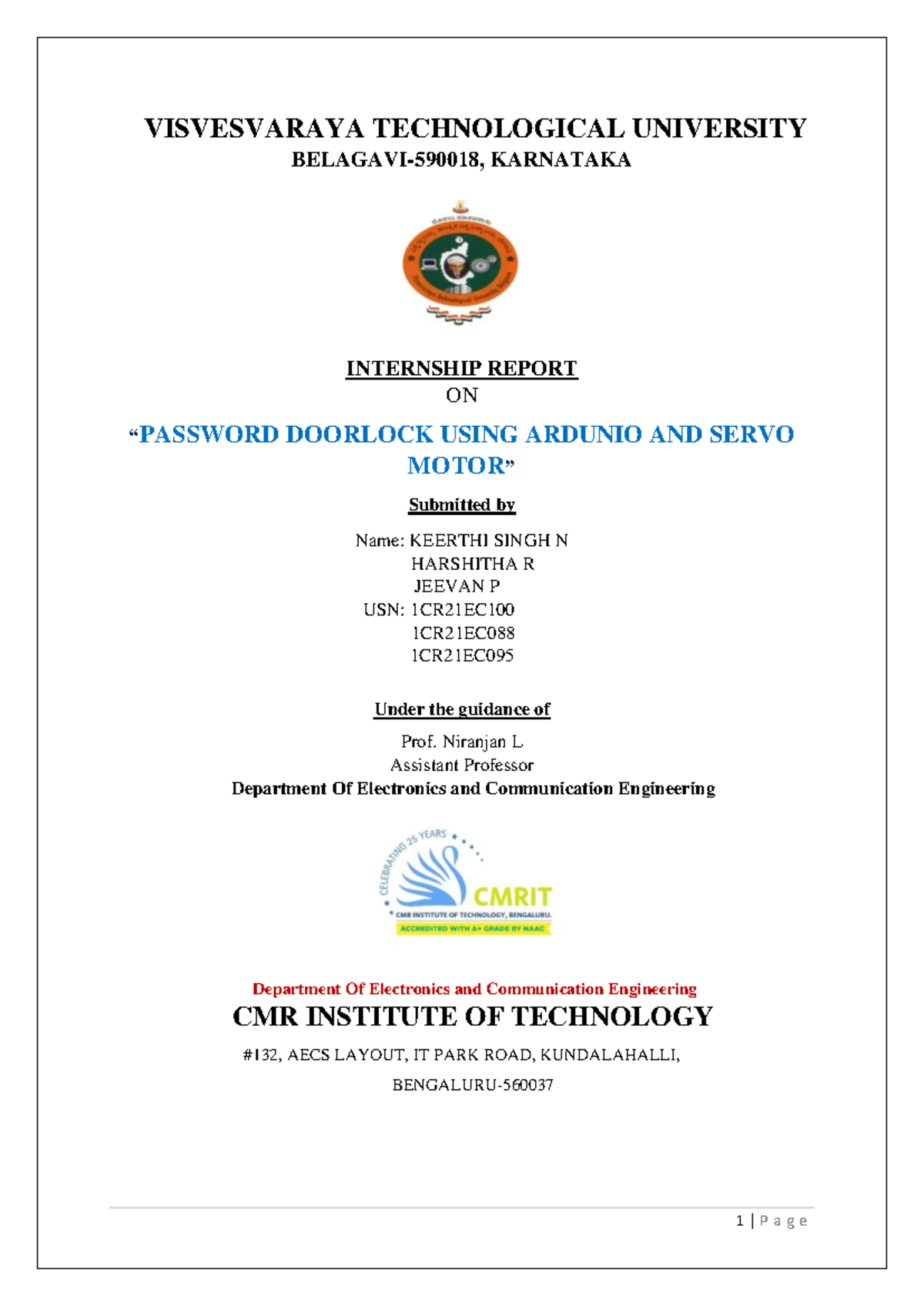 K. Doorlock System - VISVESVARAYA TECHNOLOGICAL UNIVERSITY BELAGAVI ...