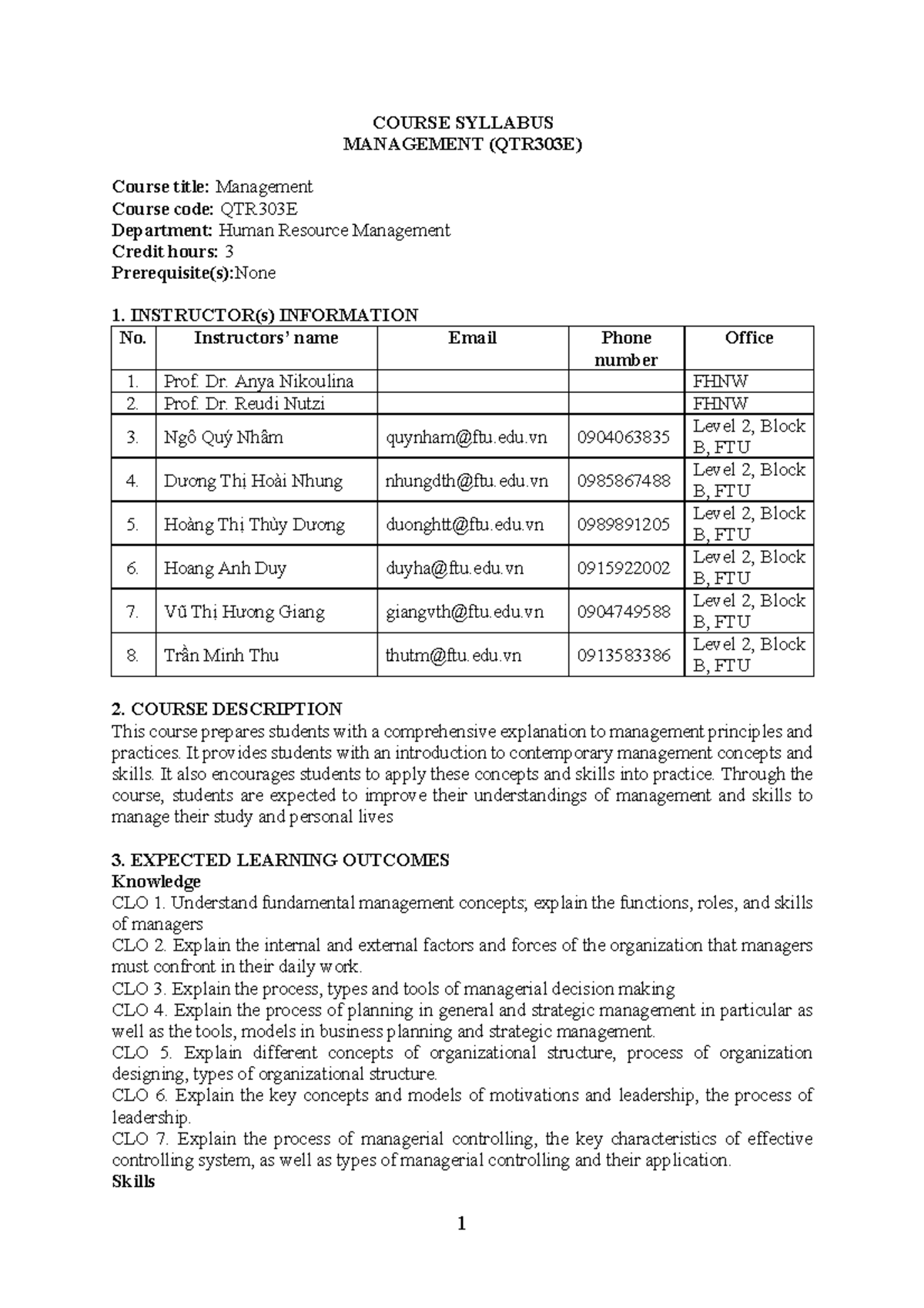 17 - Principles of Management - QTR303E - COURSE SYLLABUS MANAGEMENT ...