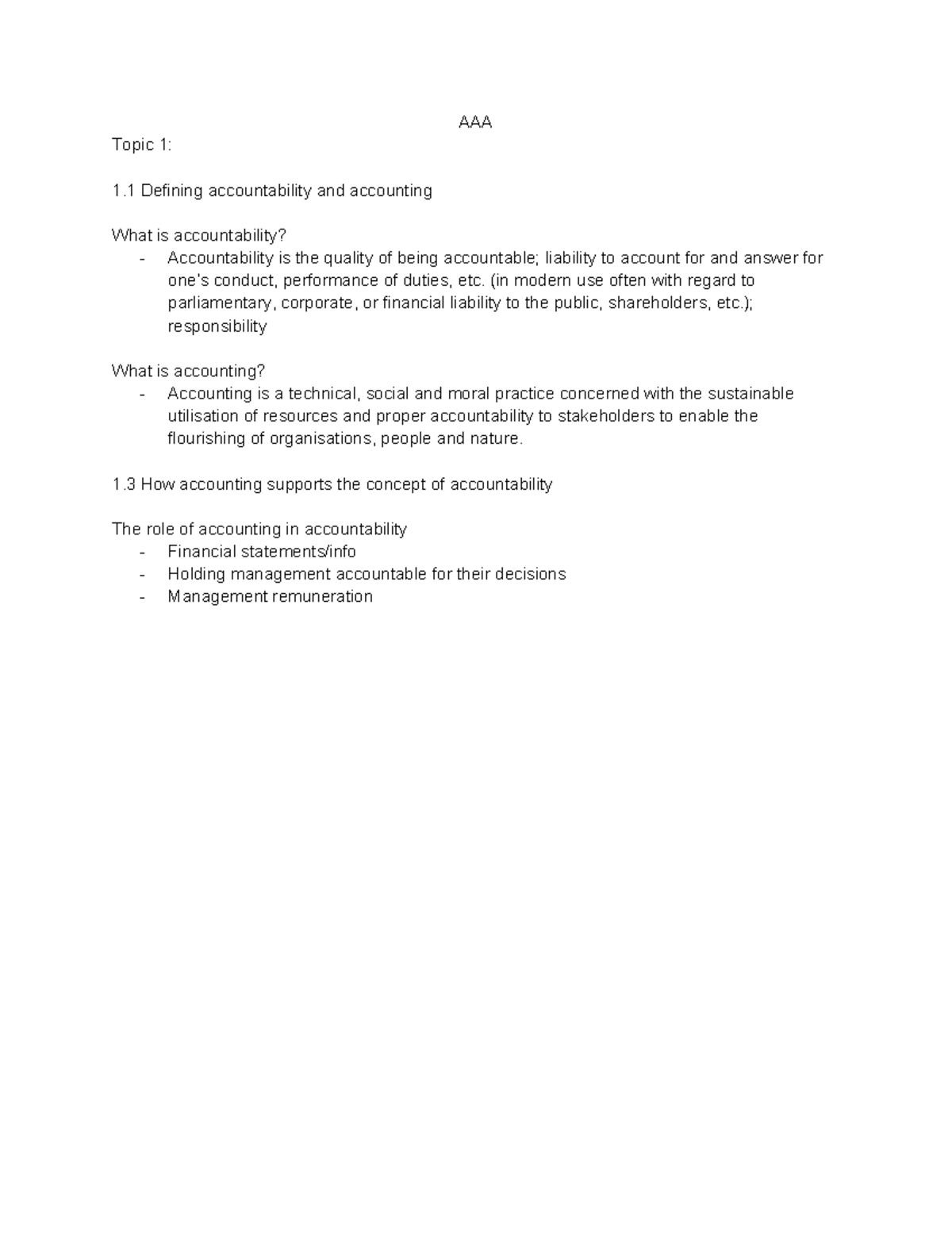 AAA - AAA Topic 1: 1 Defining accountability and accounting What is ...