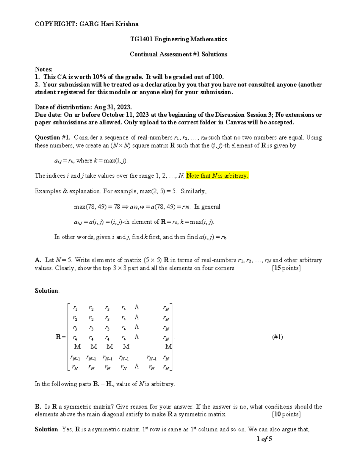 CA1 solns AY2023-24 Sem I - TG1401 Engineering Mathematics Continual Assessment #1 Solutions ...
