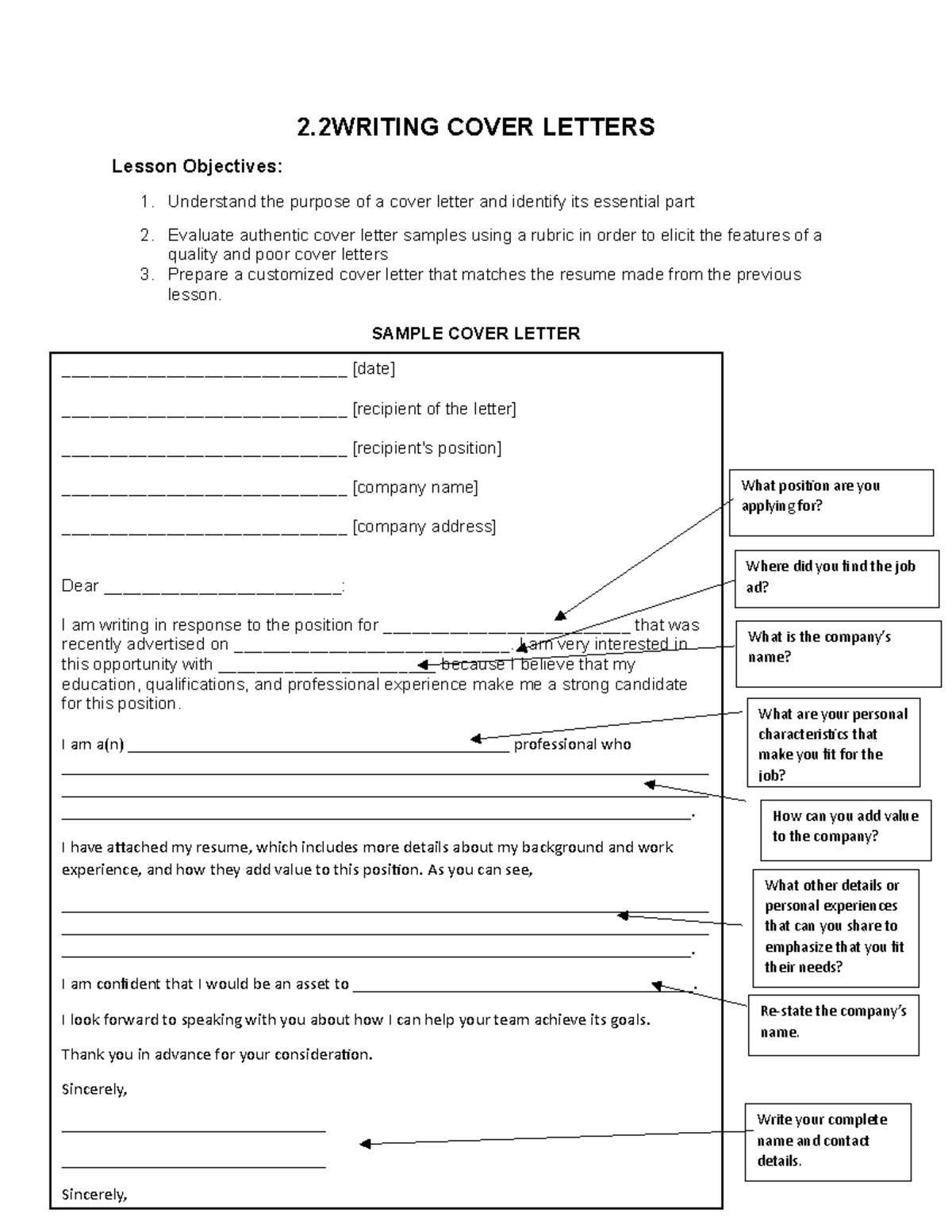Lesson 2.2 Cover Letter - 2 COVER LETTERS Lesson Objectives: Understand ...