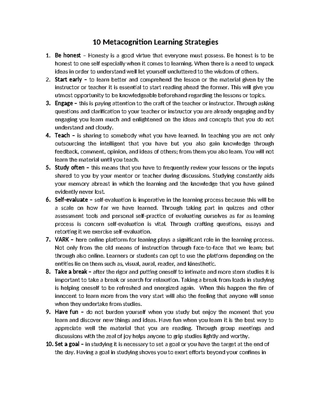 10 Metacognition Learning Strategies - Be honest – Honesty is a good ...