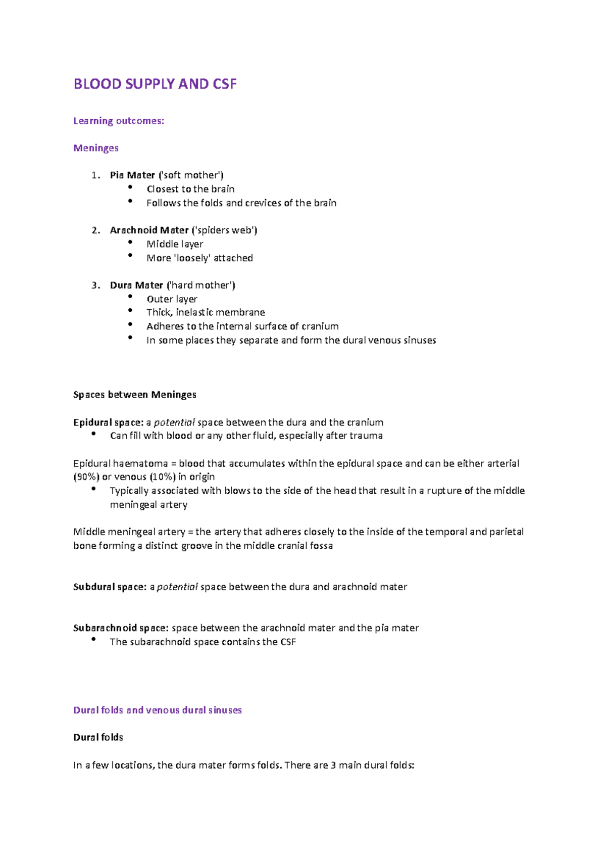 Lecture 2-3neur3005 - BLOOD SUPPLY AND CSF Learning outcomes: Meninges Pia Mater ('soft mother ...