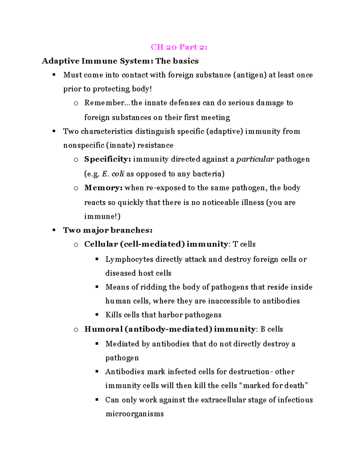 CH 20 Part 2 - lecture notes from class - CH 20 Part 2: Adaptive Immune ...