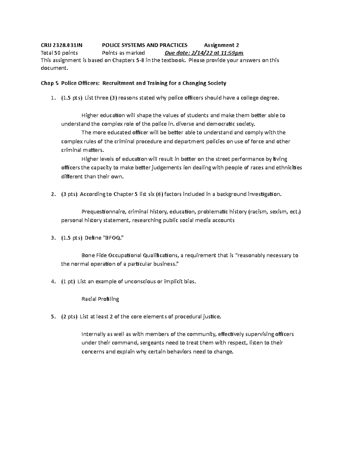 Police Assignment 2 - CRIJ 2328 Total 50 points POLICE SYSTEMS AND ...