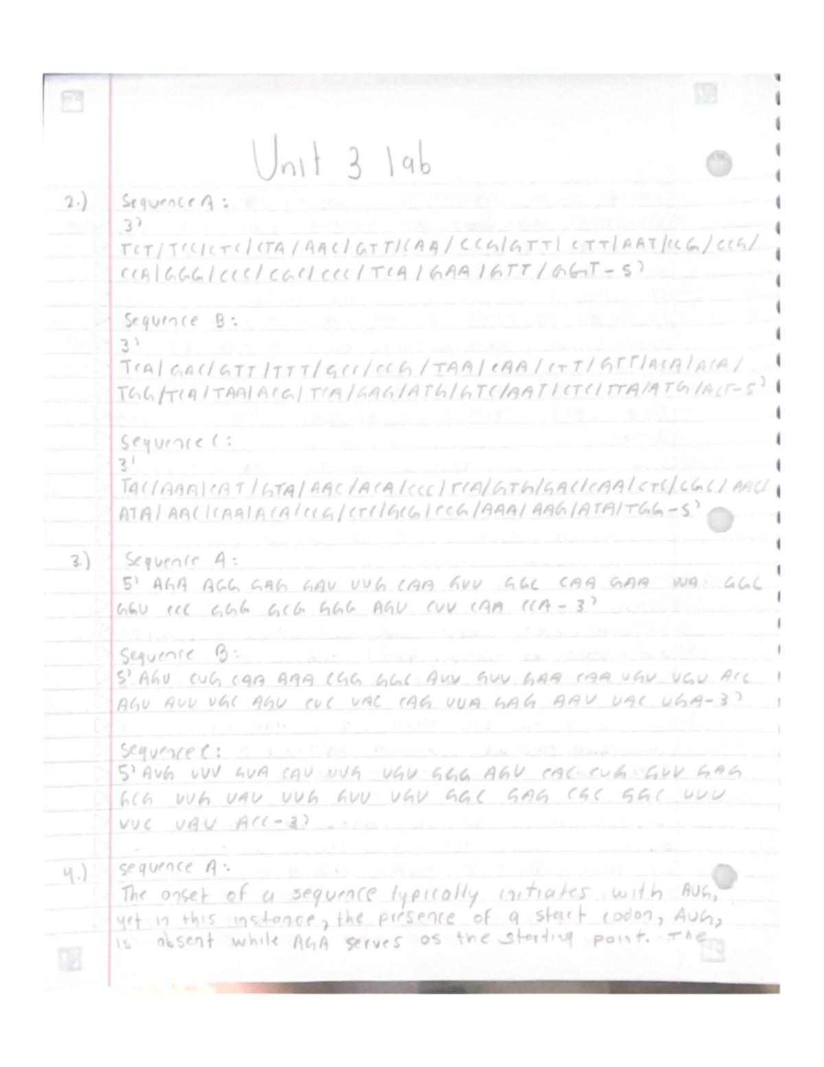 Unit 3 Lab - lab report - Unit 3 lab 2.) Sequence A : Sequence B ...
