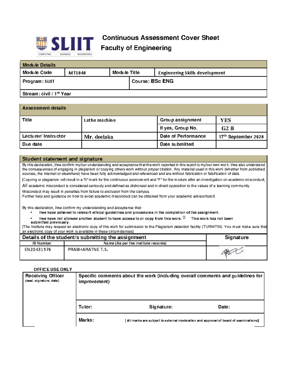 EN20431976 Lathe - ewvftjhvgwt5r - Continuous Assessment Cover Sheet ...