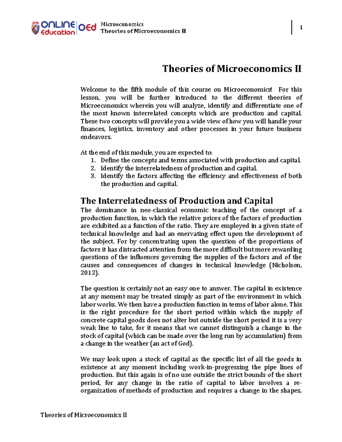 Microeconomics Production and Capital Theory - Module - Theories of ...