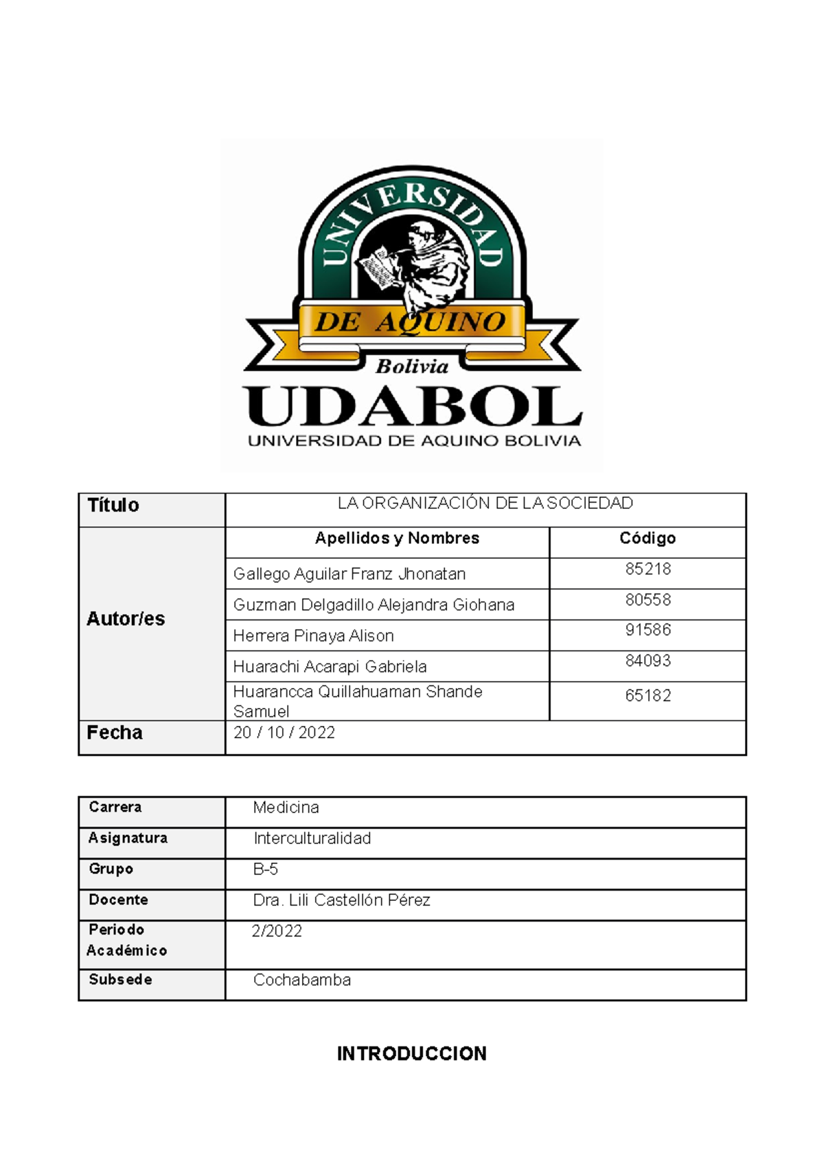LA Organizacion DE LA Sociedad Informe - Título LA ORGANIZACIÓN DE LA ...