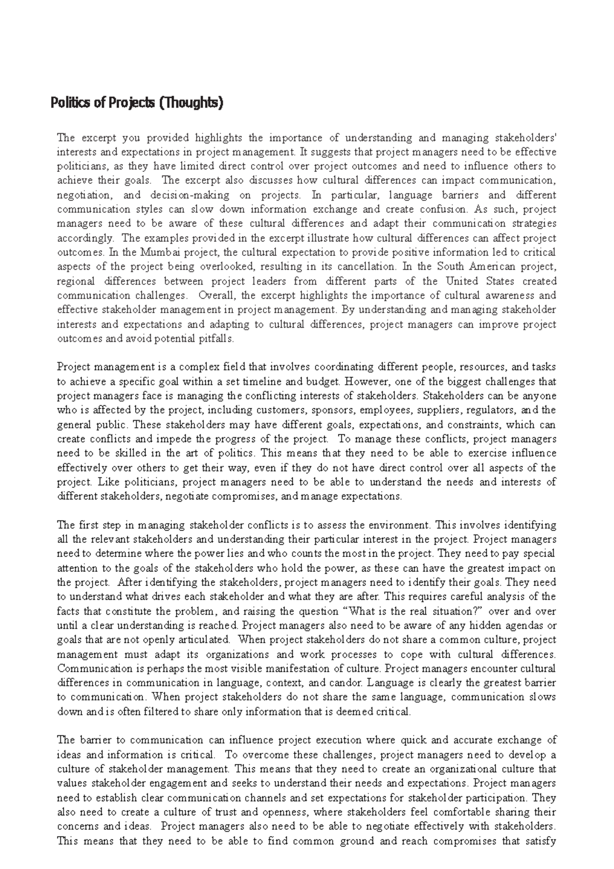 Politics of Projects - It suggests that project managers need to be ...