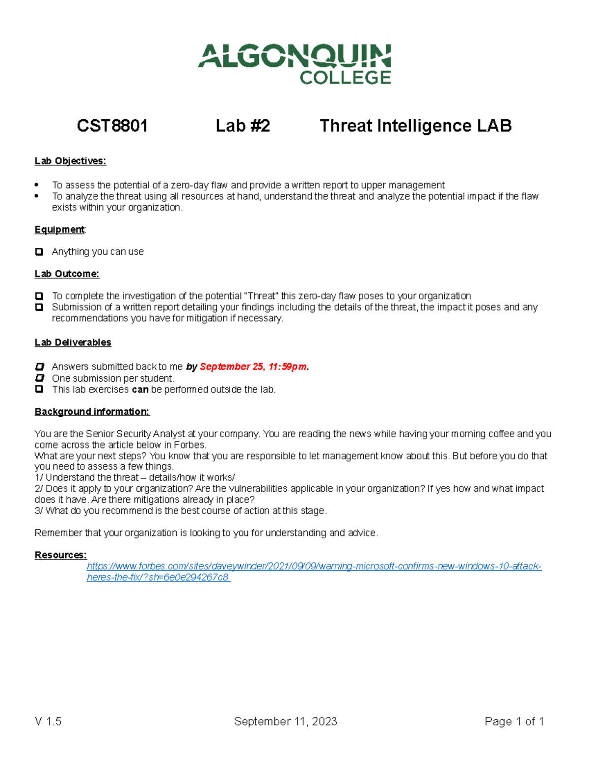CST8801 lab02 - Threat Intelligence - CST8801 Lab #2 Threat Intelligence LAB Lab Objectives: To ...