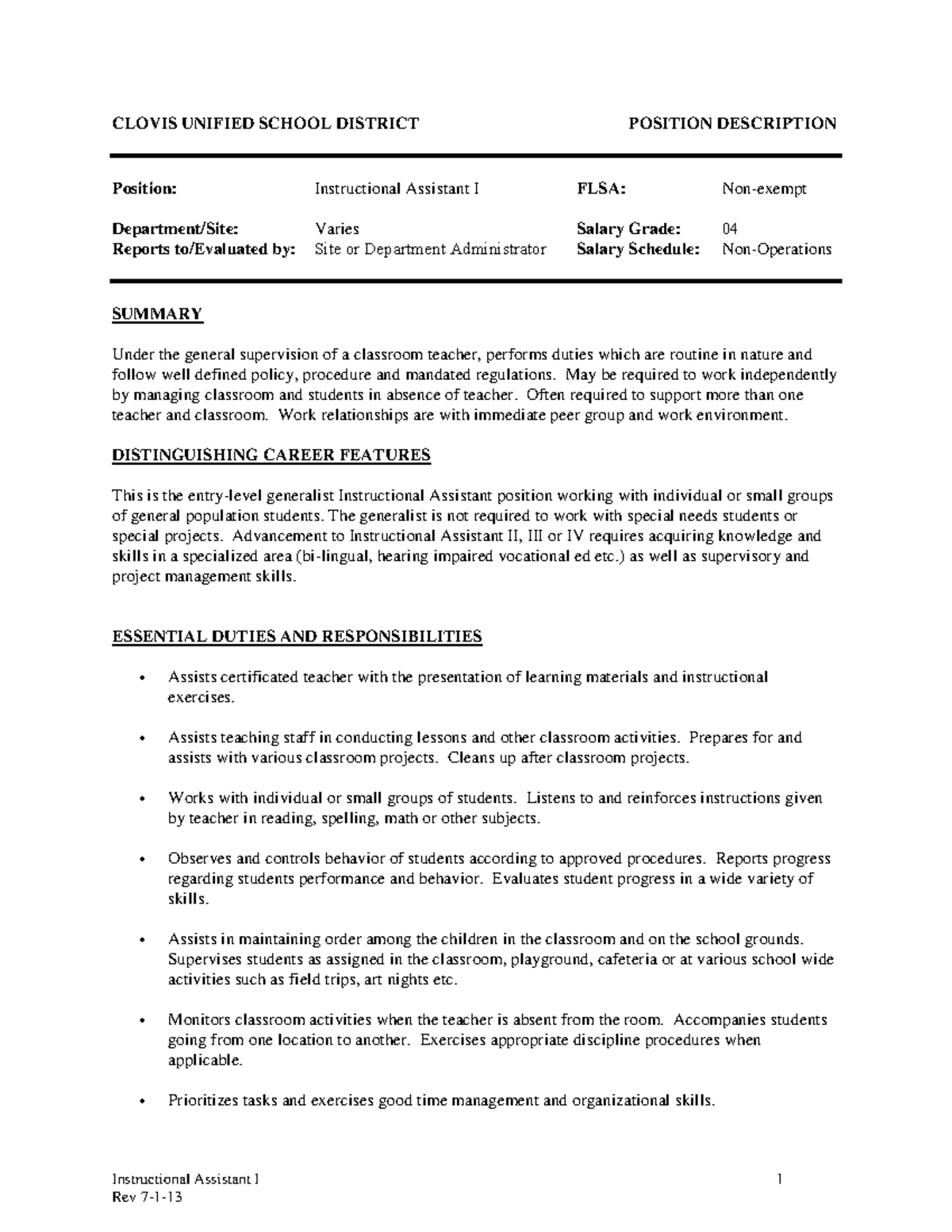 Job Description 133558785476066148 Instructional Assistant I 1 Rev 7