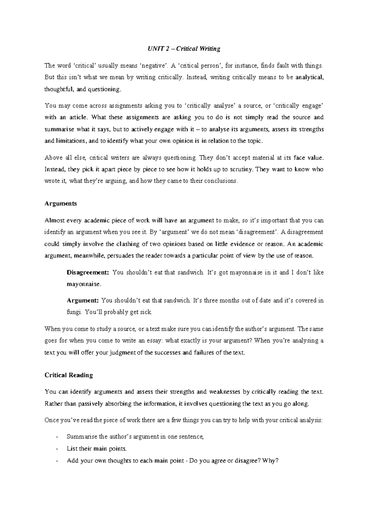 Unit 2 Critical Writing - UNIT 2 – Critical Writing The word 8critical9 ...