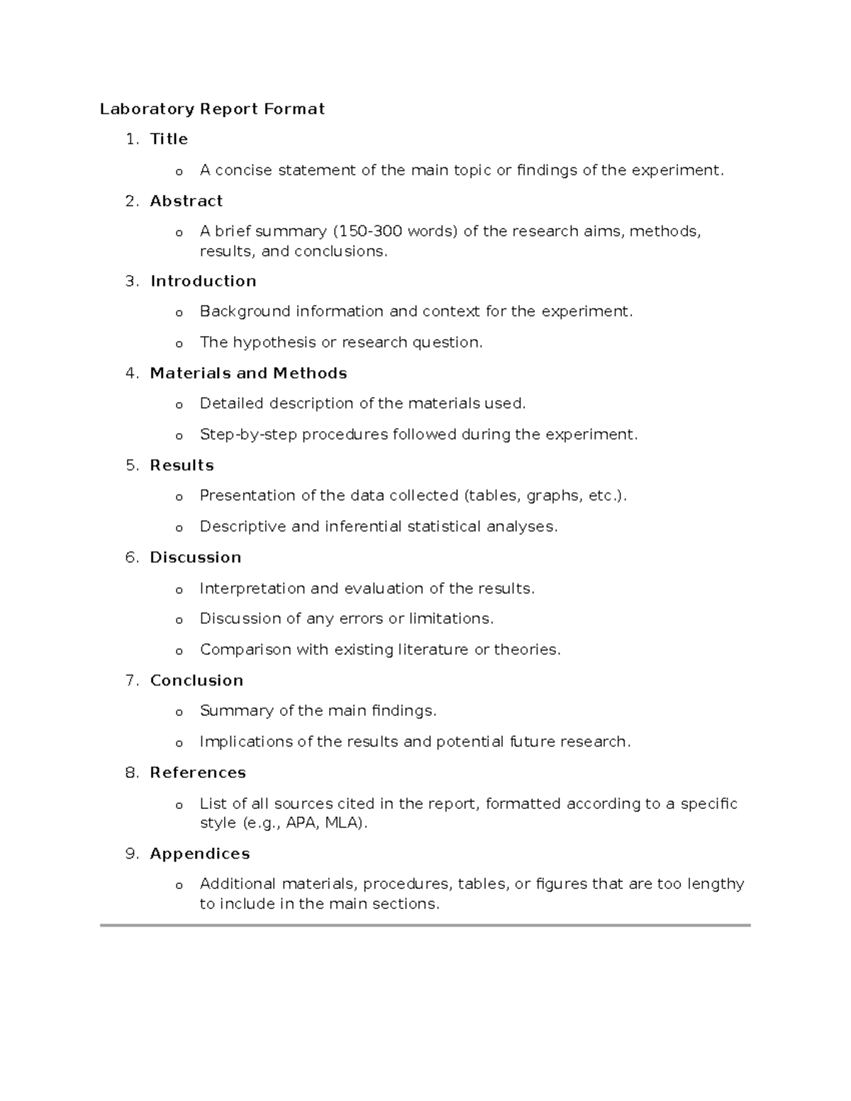 Laboratory Report Format - Title o A concise statement of the main ...