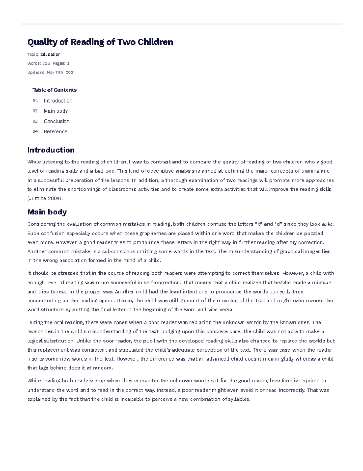 Quality of Reading of Two Children Free Essay Example - Quality of ...