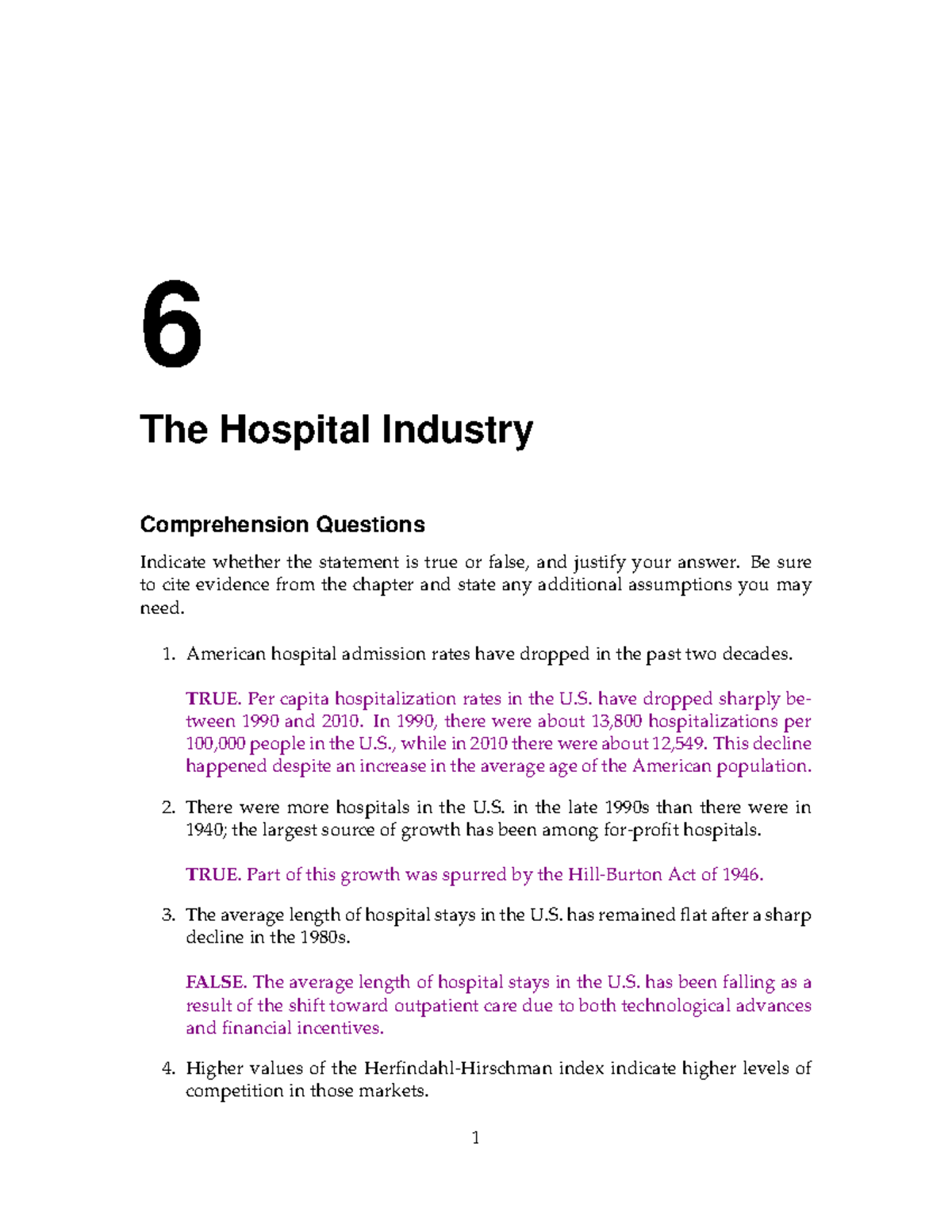 Ch 6 comprehension only - 6 The Hospital Industry Comprehension ...