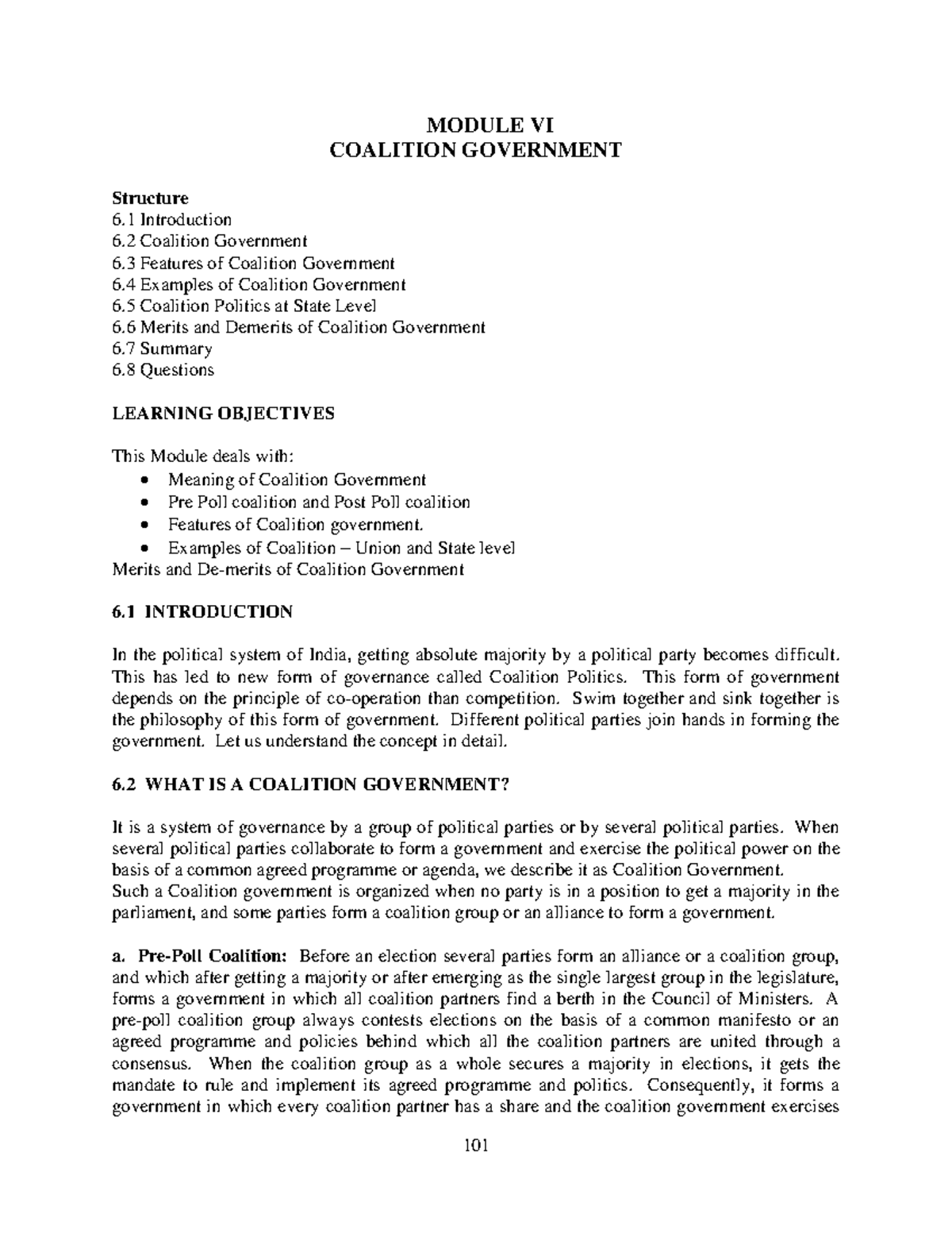 UNIT 6 Coalition Government - MODULE VI COALITION GOVERNMENT Structure ...