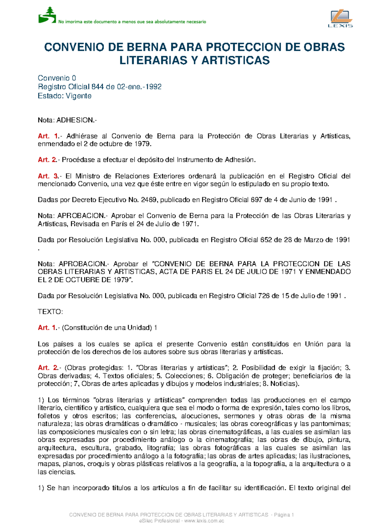 Convenio de Berna - CONVENIO DE BERNA PARA PROTECCION DE OBRAS ...