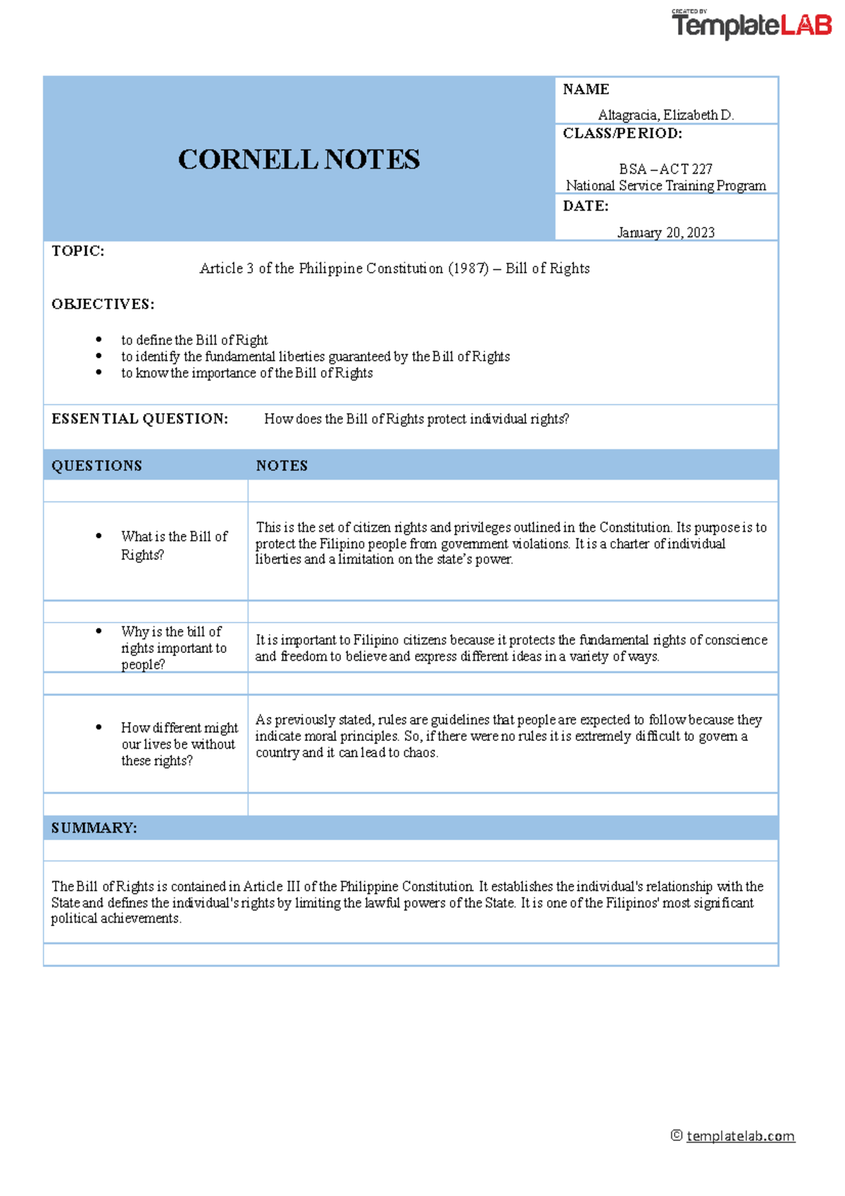 Article 3 Cornell Notes - CORNELL NOTES NAME Altagracia, Elizabeth D ...