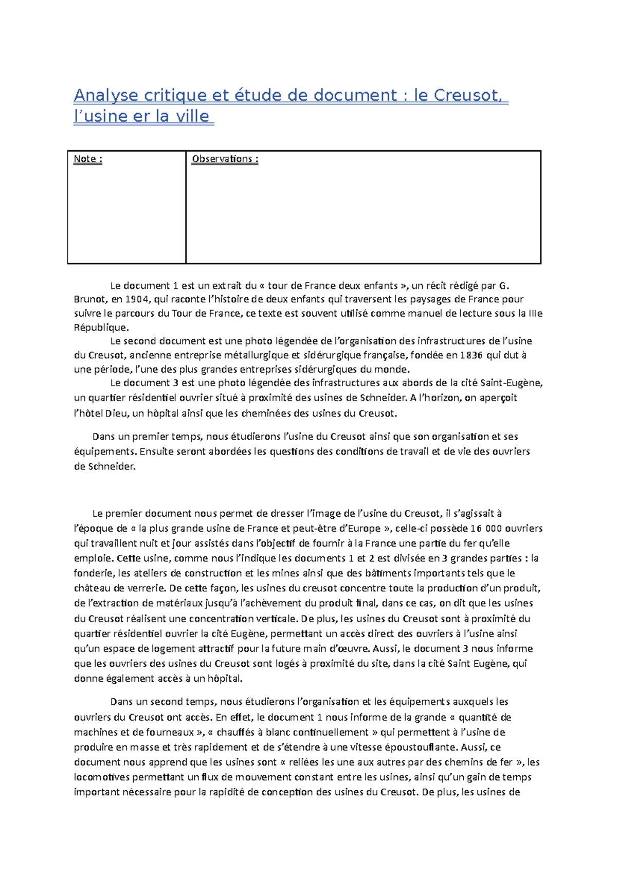 Analyse critique et étude de document le Creusot - Analyse critique et ...