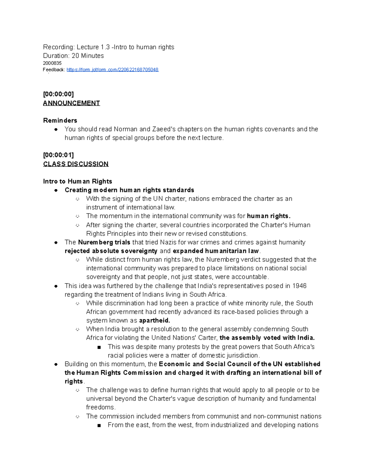 Lecture 1.3 Intro to human rights Summary Notes - Recording: Lecture 1 ...
