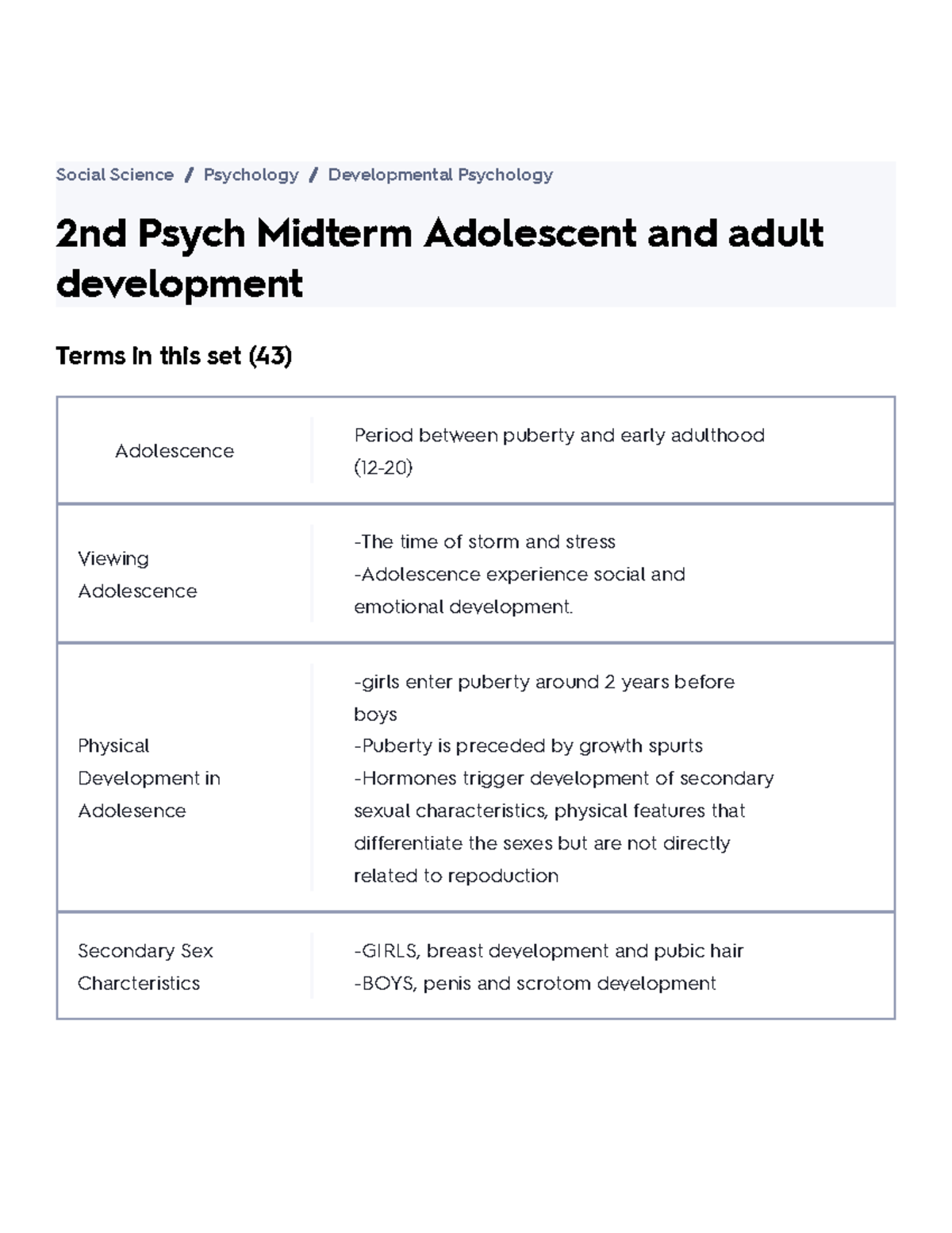 2nd Psych Midterm Adolescent and adult development Flashcards Quizlet ...