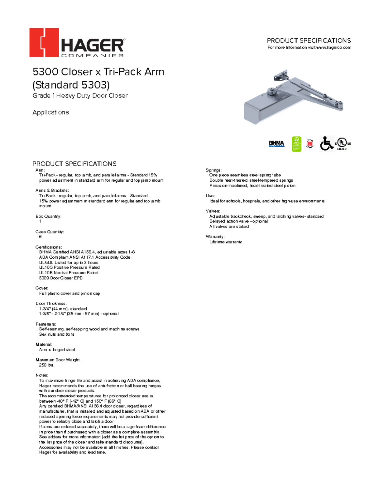 Ficha 5300 Cierrapuertas - PRODUCT SPECIFICATIONS For more information ...