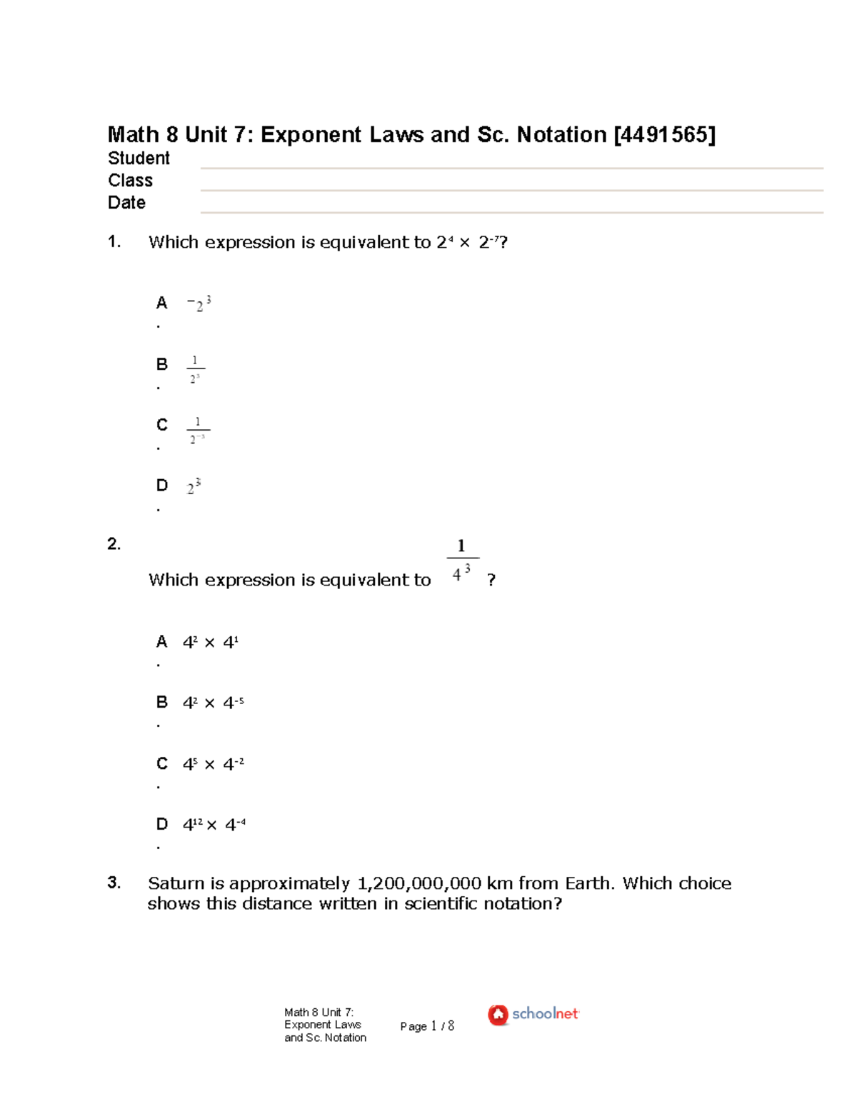 Perform for Exp Laws and Sc Not Unit 7 - Math 8 Unit 7: Exponent Laws ...