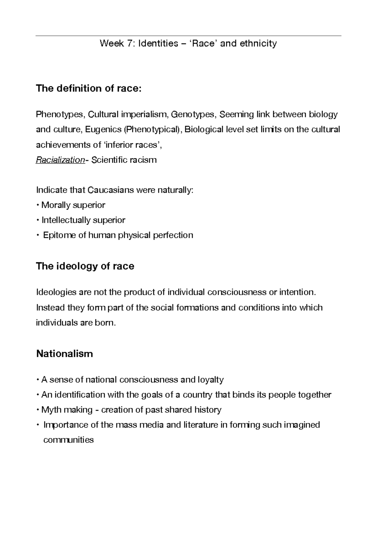 Week 7 seminar notes - Race - Week 7: Identities – ‘Race’ and ethnicity ...