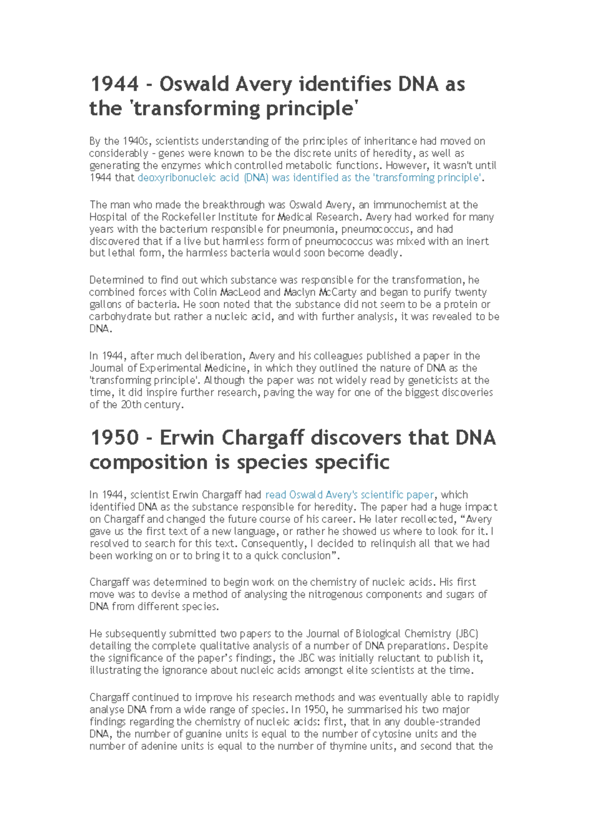 1944-DNA HISTORY - 1944 - Oswald Avery identifies DNA as the ...
