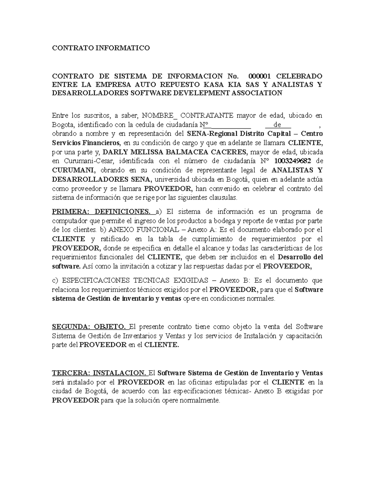 Contrato Informatico Darly Balmacea - CONTRATO INFORMATICO CONTRATO DE ...