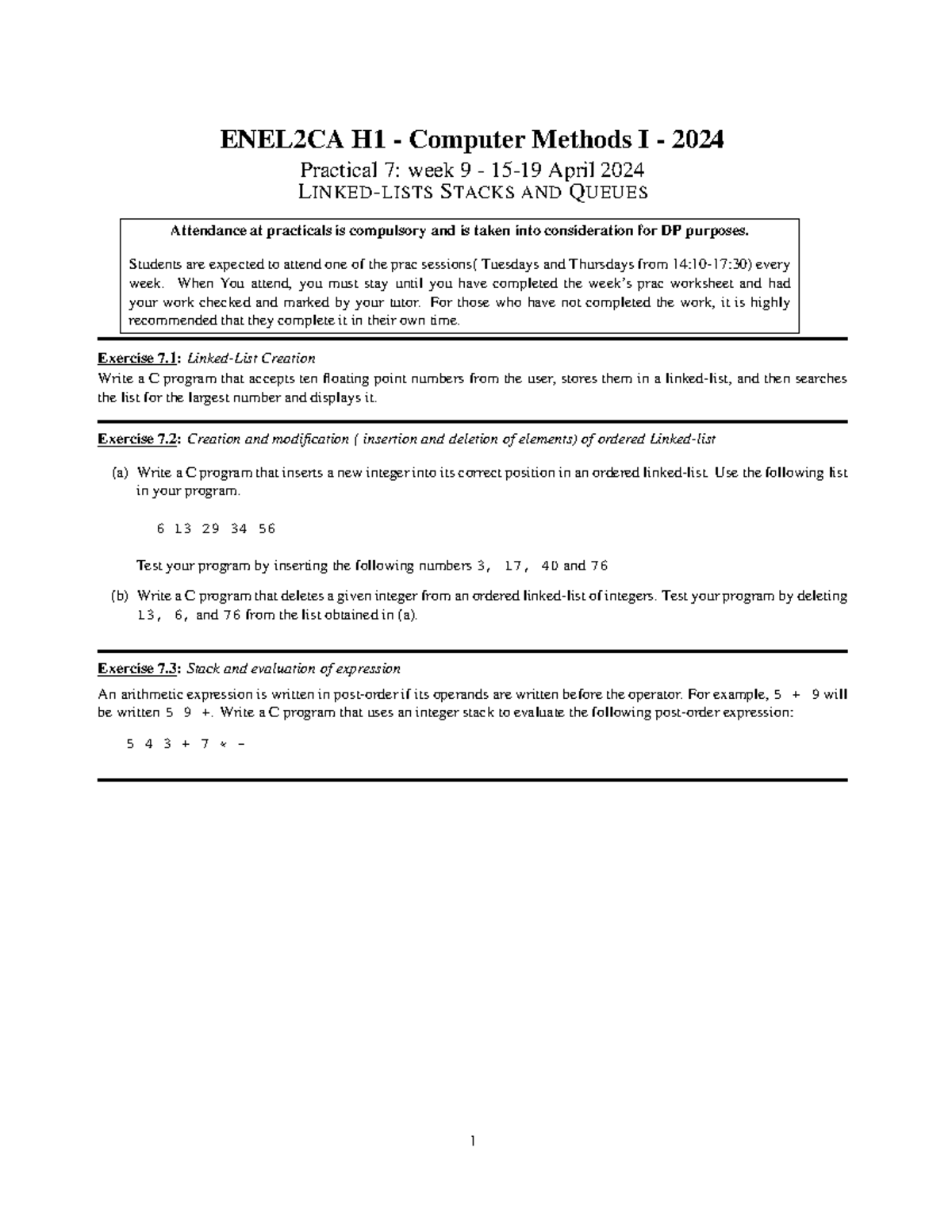 Prac 7 2024 Comp - ENEL2CA H1 - Computer Methods I - 2024 Practical 7 ...