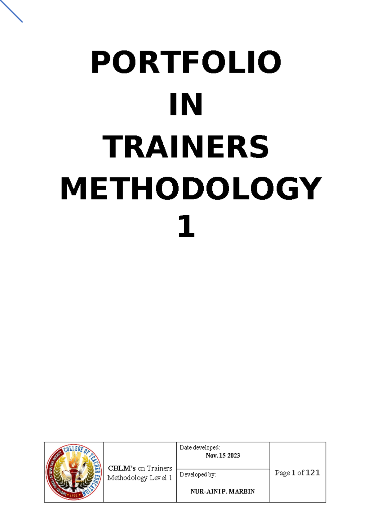 Renier TM-1 Files - N/A - PORTFOLIO IN TRAINERS METHODOLOGY 1 CBLM’s on ...