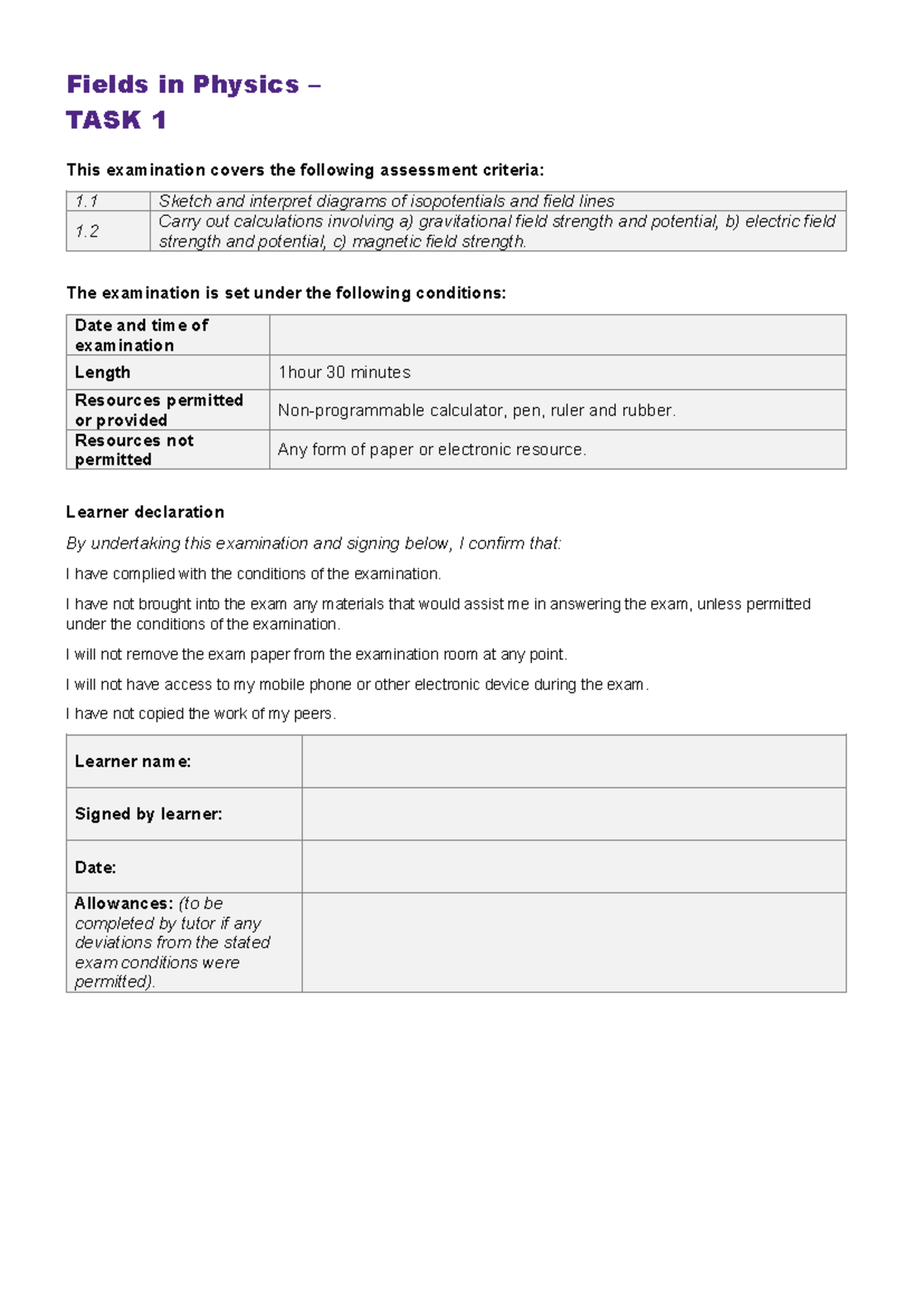 TASK 1A - Exam for Fields in Physics - TASK 1 This examination covers the following assessment ...