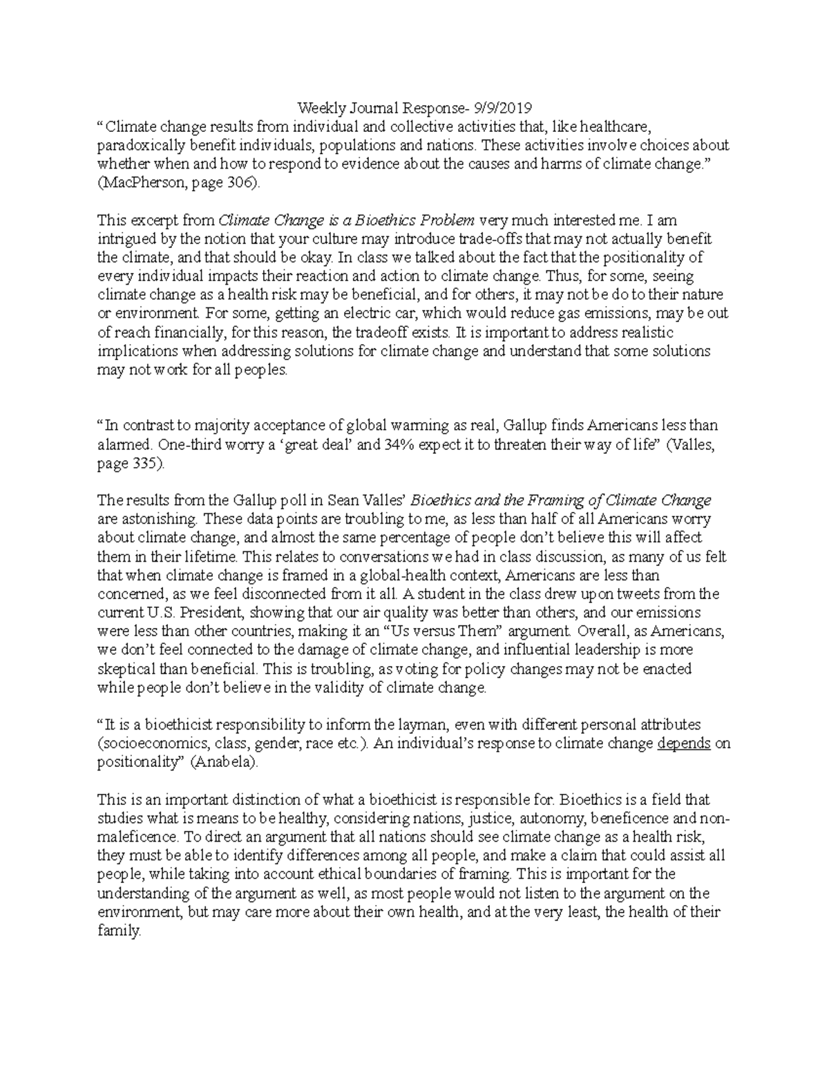 Weekly Journal Response - These activities involve choices about ...