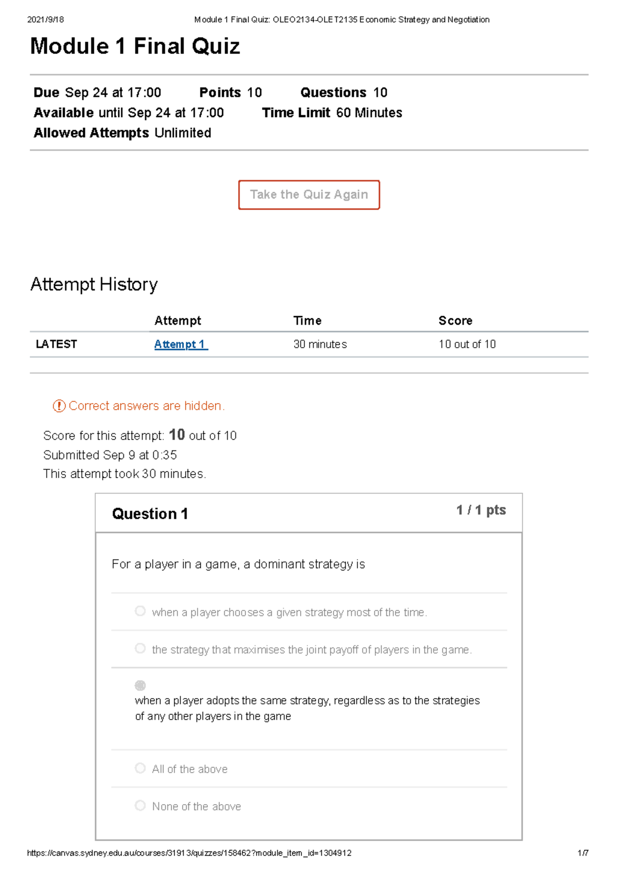 Module 1 Final Quiz OLEO2134-OLET2135 Economic Strategy and Negotiation ...