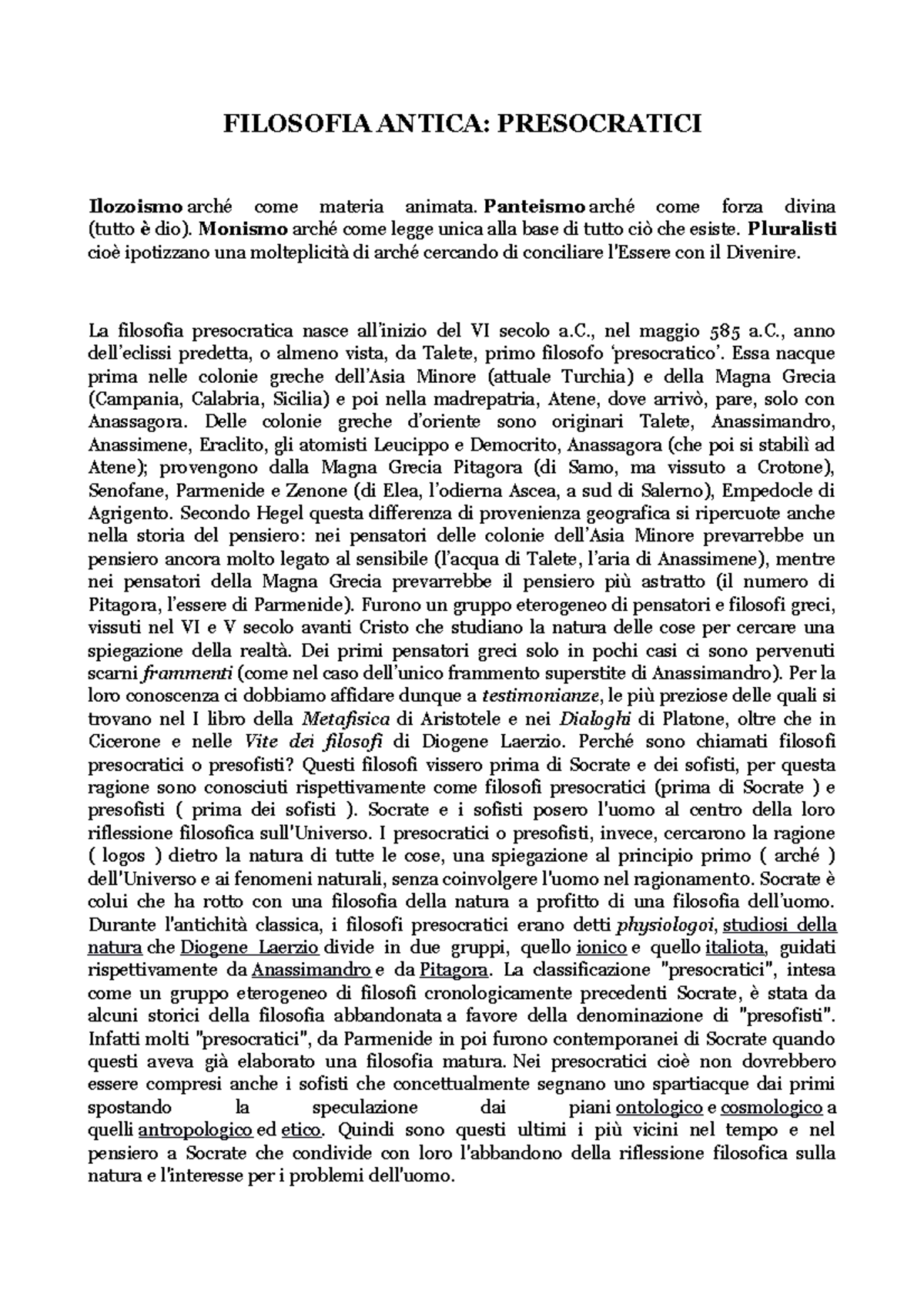 Filosofia Antica: i presocratici - FILOSOFIA ANTICA: PRESOCRATICI ...