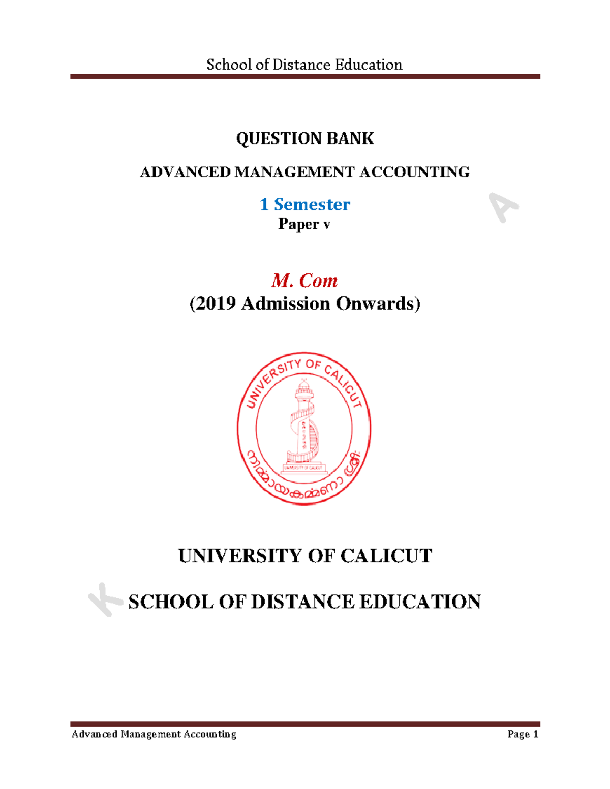 I Sem- MCom- Advanced Management Accounting 0 - QUESTION BANK ADVANCED ...