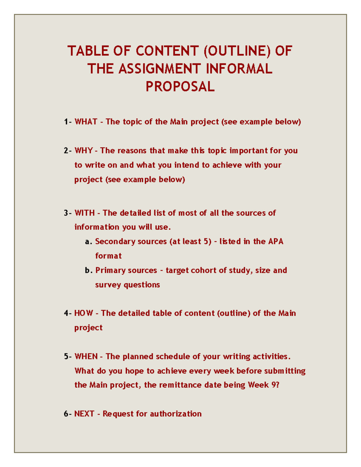 Table of content (outline) of the first written assignment - TABLE OF ...
