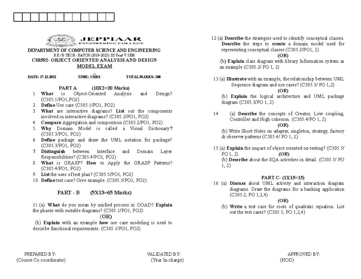 CS8592 - OOAD Model QP - This is a pdf - DEPARTMENT OF COMPUTER SCIENCE AND ENGINEERING B / B ...