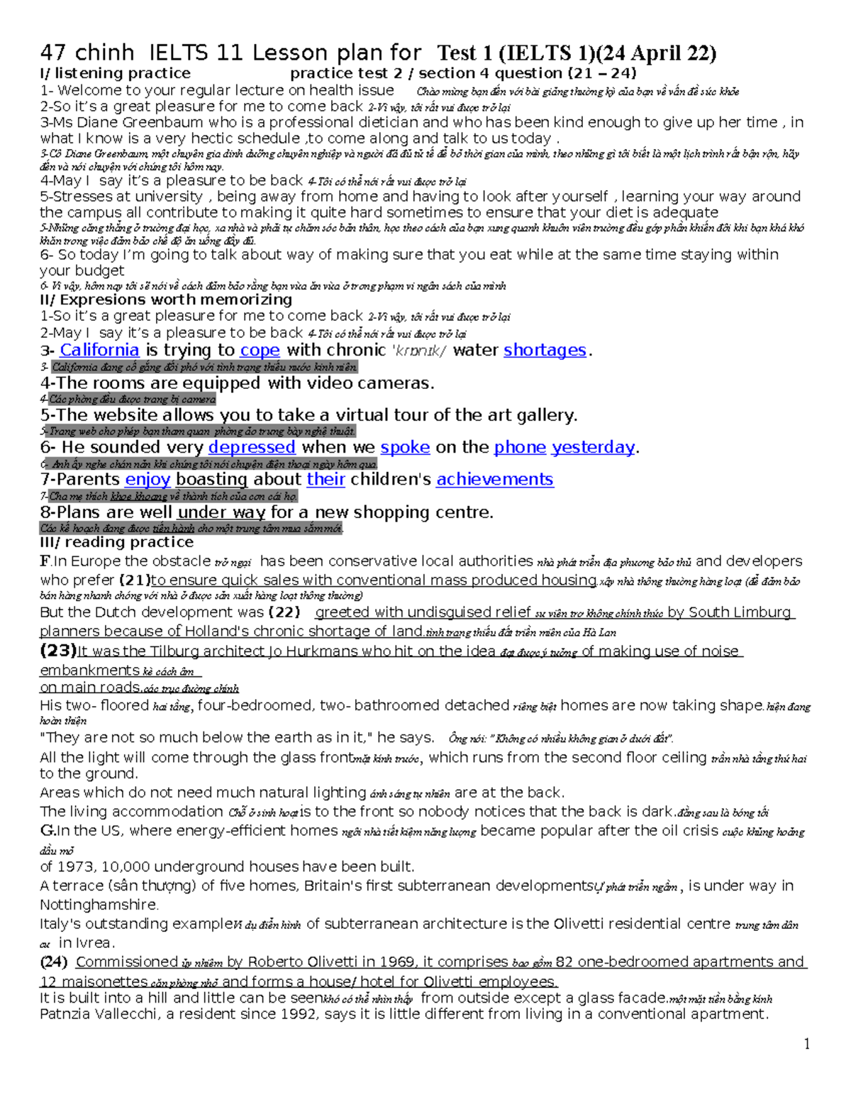 Ielts 11 Lesson plan for Test 1 - 47 chinh IELTS 11 Lesson plan for ...