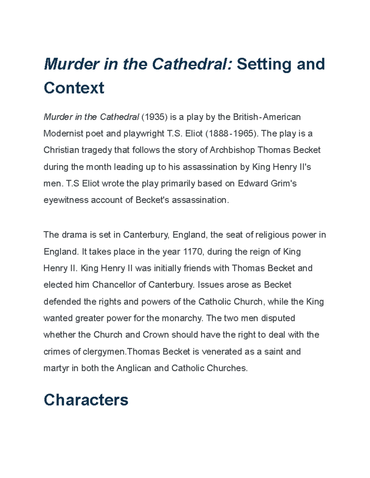 Murder in the Cathedral Context - Murder in the Cathedral: Setting and ...