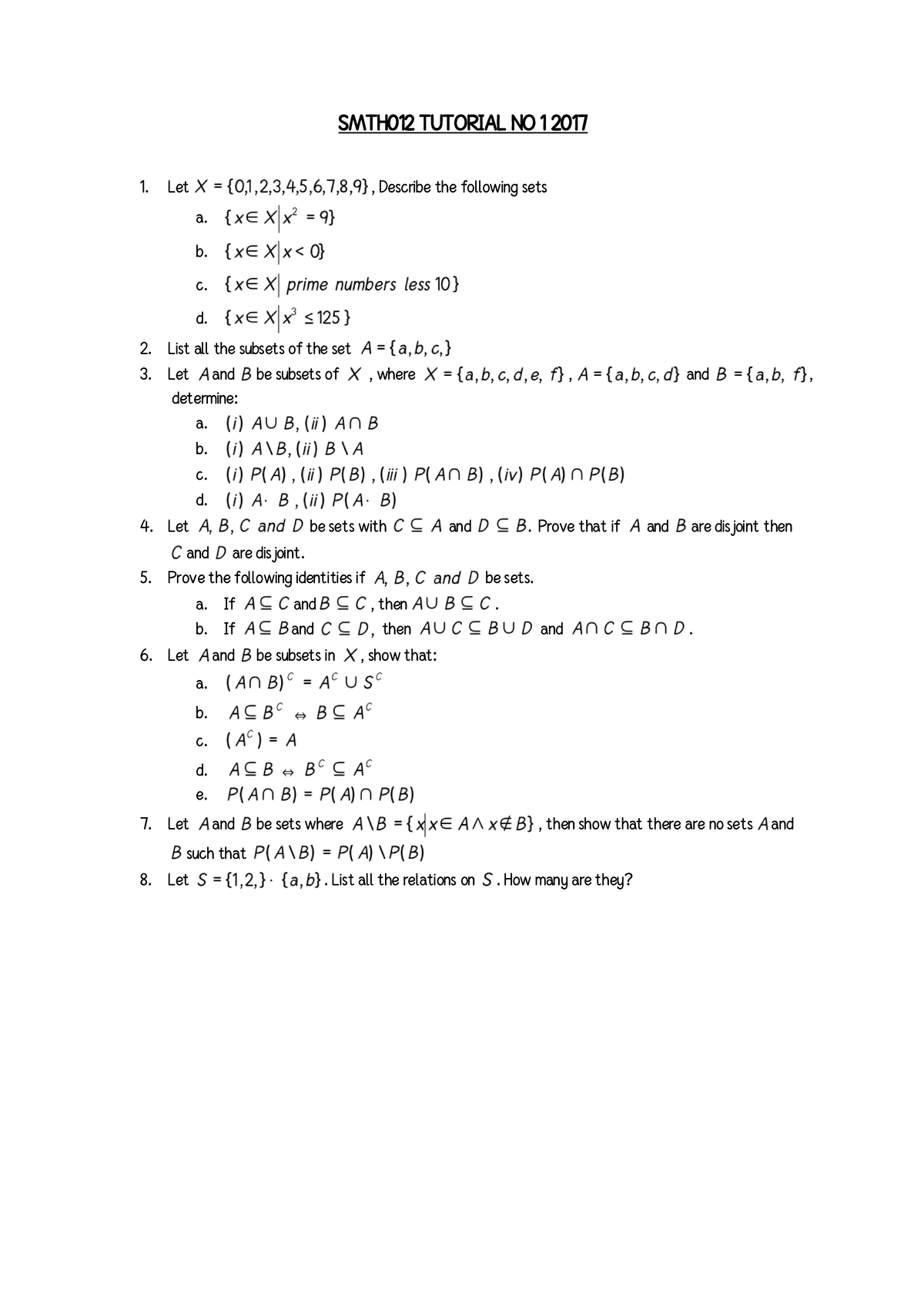 2017 SMTH012 Tutorial 1 - SMTH012 TUTORIAL NO 1 2017 Let , Describe the ...