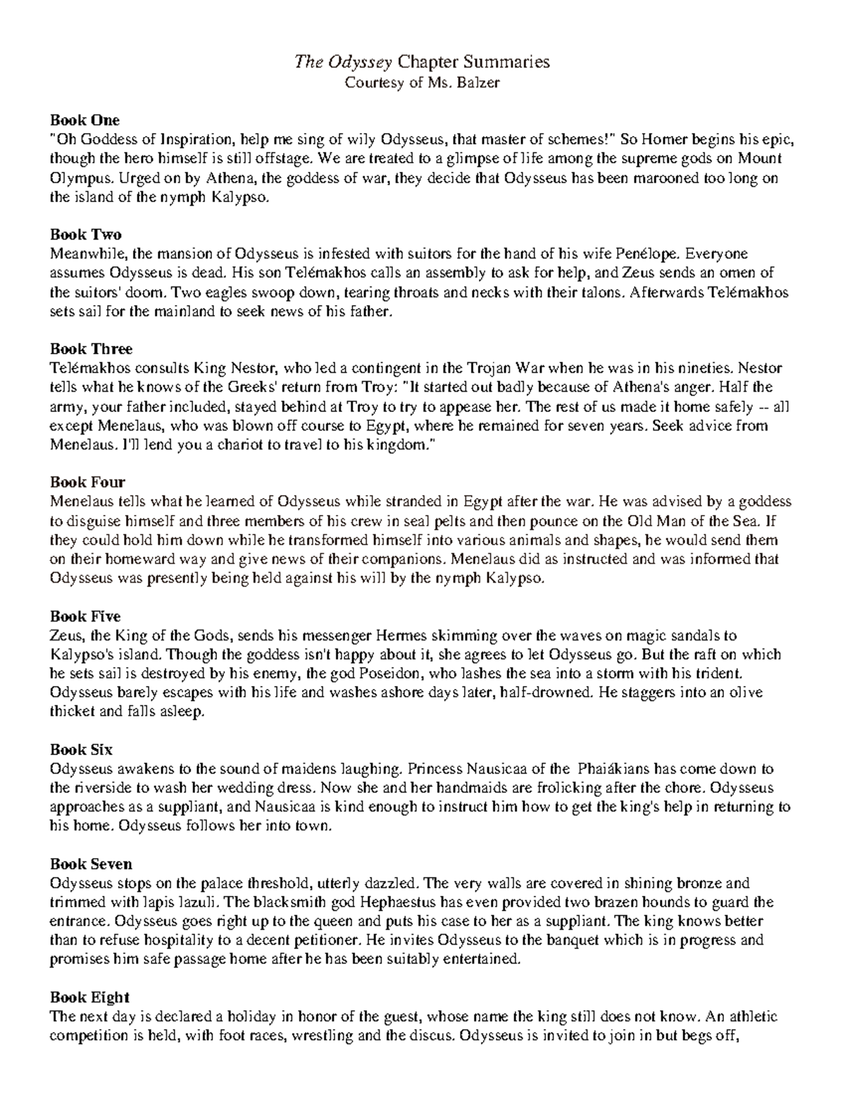 Odssey chapter summaries balzer - The Odyssey Chapter Summaries ...