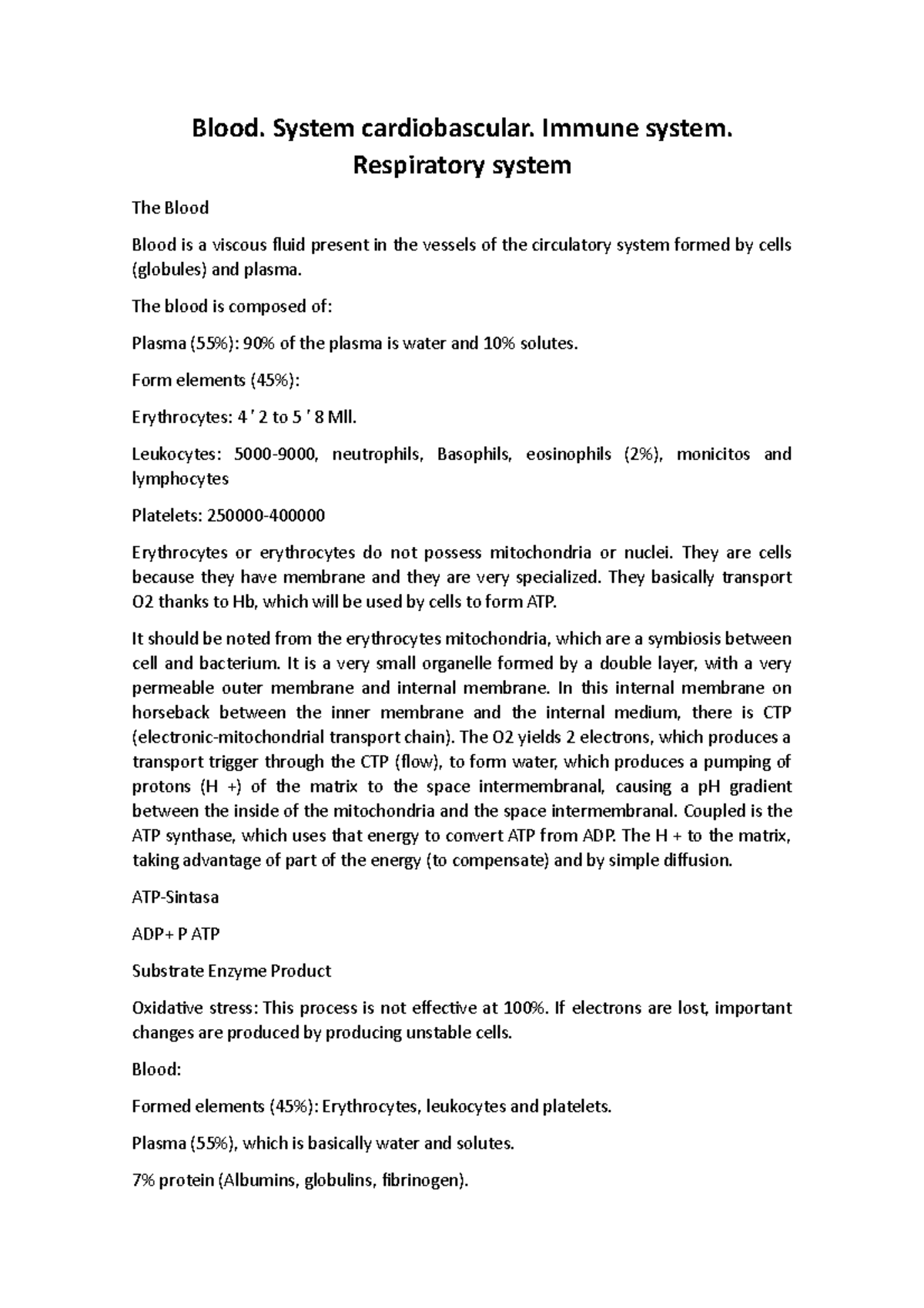 Blood - Lecture notes 1 - Blood. System cardiobascular. Immune system ...