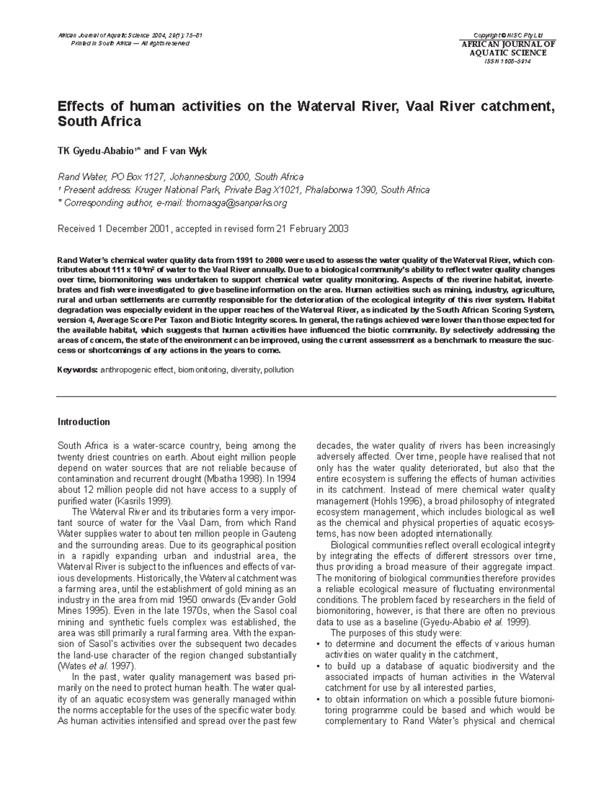 Effectsofhumanactivitiesonthe Waterval River Vaal Rivercatchment Gyedu ...